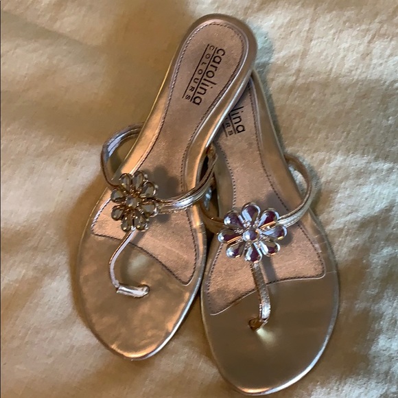 Shoes | Gold Sandals With Rhinestone Flower Accents | Poshmark